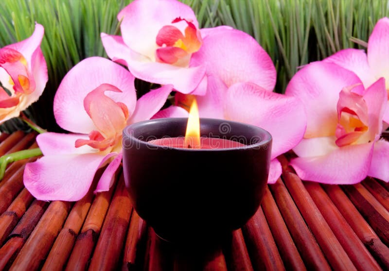 Spa Candle and Orchid Flower for Aromatherapy Stock Photo - Image of ...