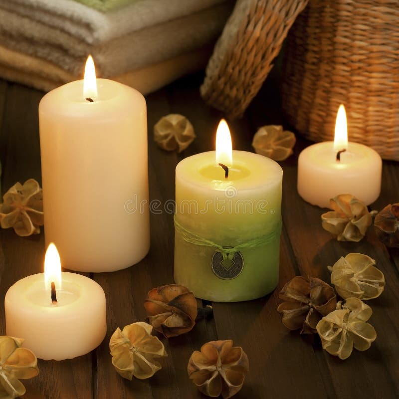 Spa Candles with Dried Flowers Stock Photo - Image of flowers, brown ...