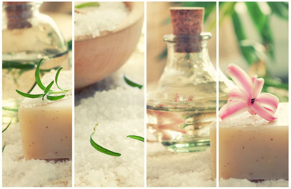 Spa Collage with Bath Salt and Flower Stock Image - Image of copyspace ...