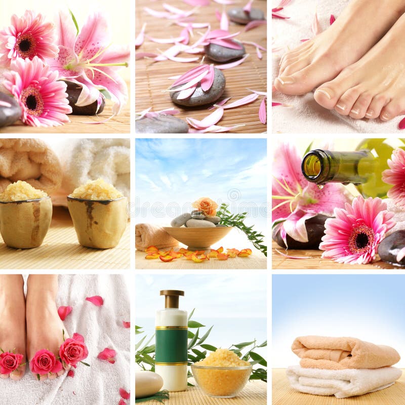 A Spa Collage Of Female Feet, Flowers And Stones Stock Photo - Image of ...