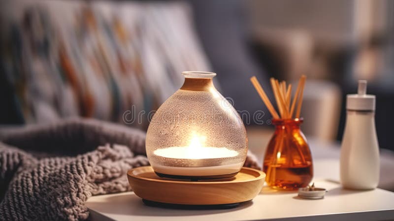 Spa Composition with Aroma Oil Diffuser Lamp on a Blurred Background ...