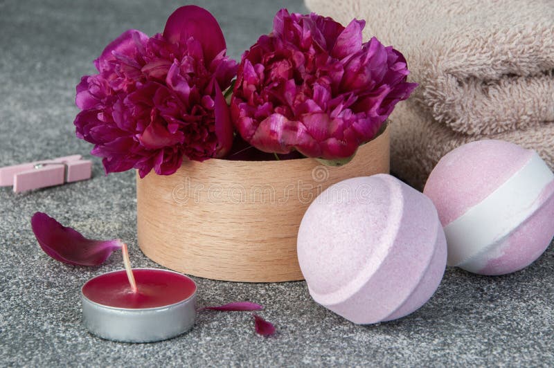 SPA Composition with Bath Bombs and Two Peonies Stock Photo - Image of ...