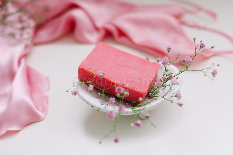 Spa Composition with Pink Soap Bar with Ceramic Soap Dish, Silk Babric ...