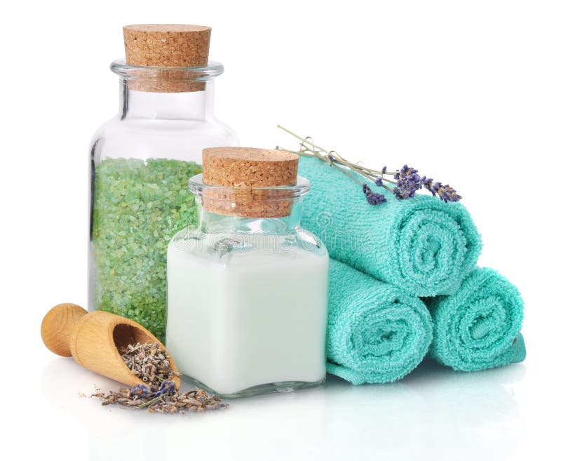 Spa Set with Sea Salt, Flowers and Candles on Wicker Tray Stock Photo ...