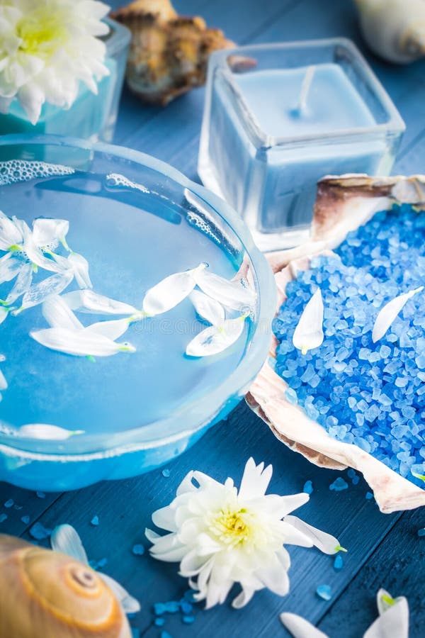 Spa Composition Water Bath Salt Shells Flowers Stock Photo - Image of ...