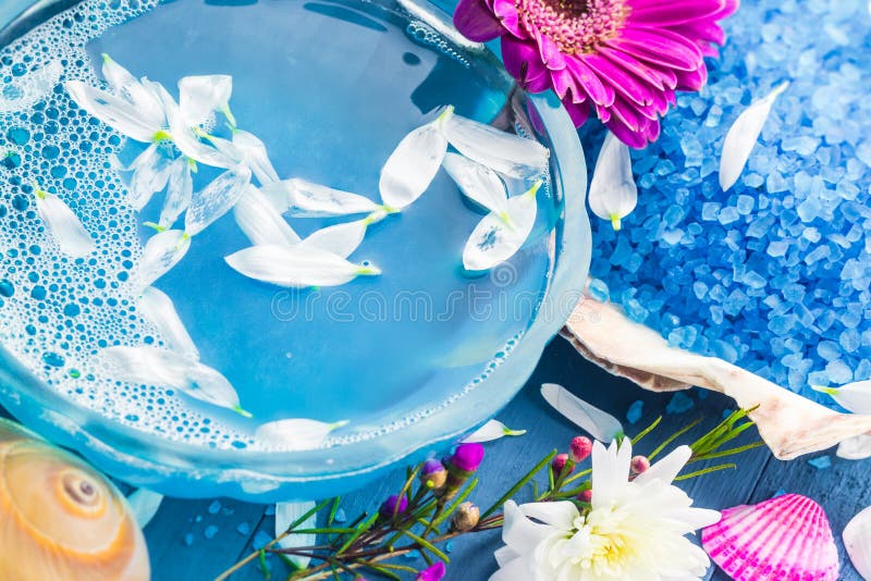 Spa Composition Water Bath Salt Shells Flowers Stock Image - Image of ...
