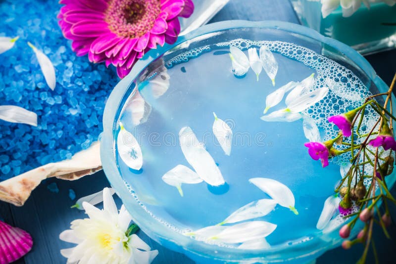 Spa Composition Water Bath Salt Shells Flowers Stock Photo - Image of ...