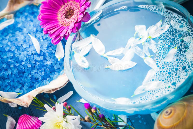 Spa Composition Water Bath Salt Shells Flowers Stock Image - Image of ...