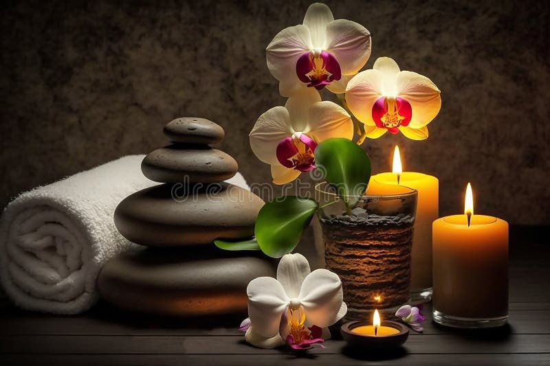 Spa Concept Candles Towels Massage Stones Soft Light Generated By