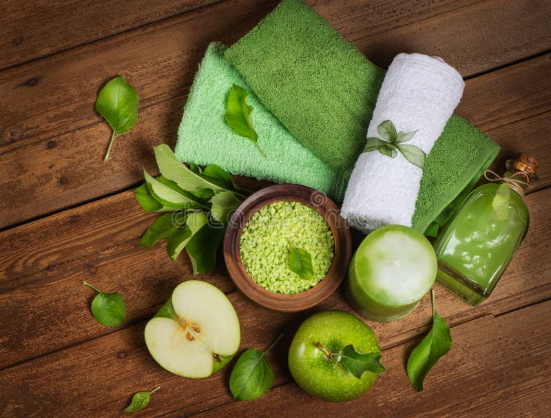 Spa Concept with Green Apples Top View Stock Photo - Image of purity ...
