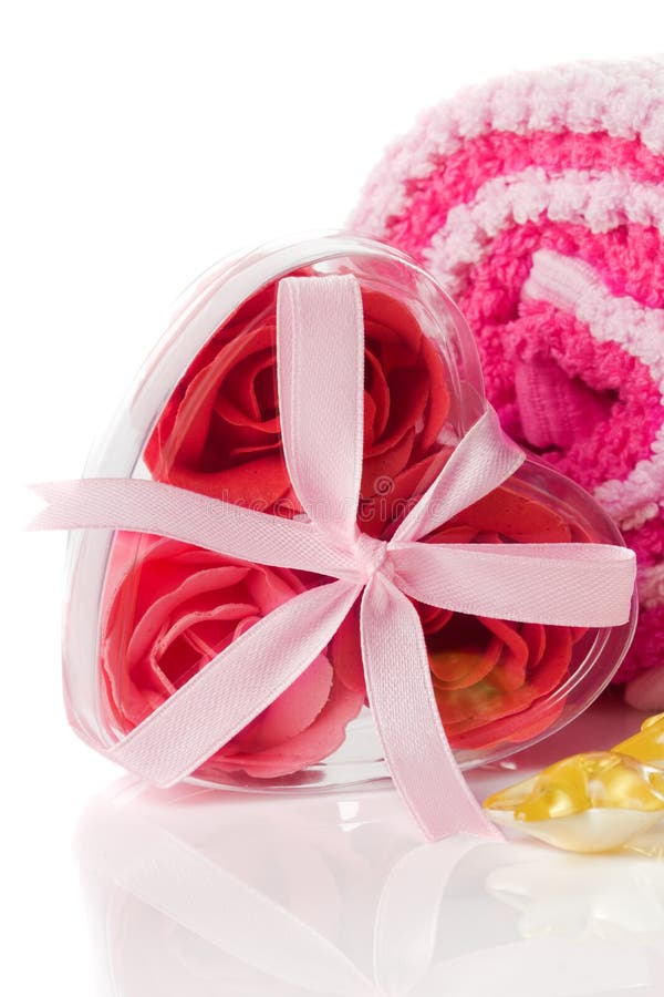 Spa Concept - Soap Foam Roses in a Heart-shaped Box on Bath Towels ...