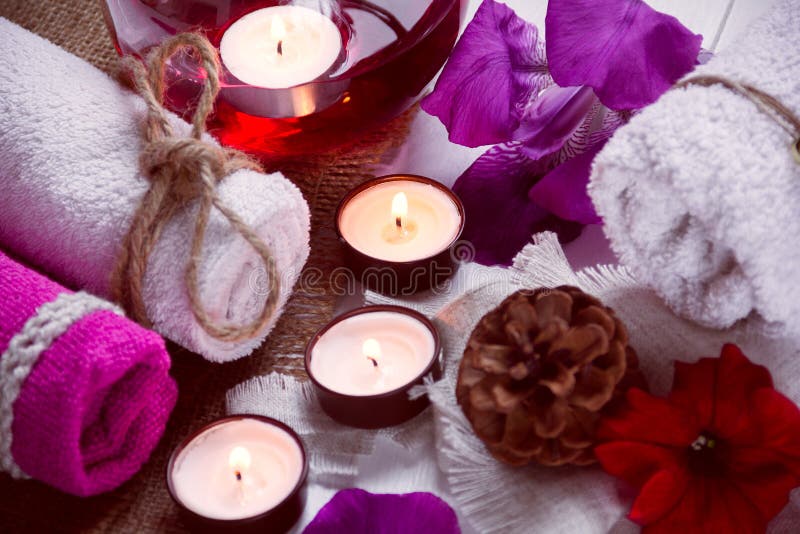 Spa Consist From Towels Candles Flowers And Aromatherapy Stock Image