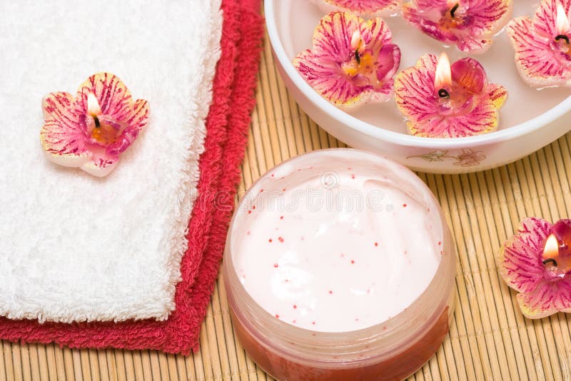 Spa essentials stock photo. Image of glass, flower, creamy - 7685432