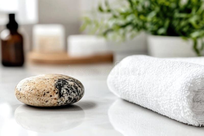 Spa Essentials with Rolled Towel and Smooth Stone on White Marble ...