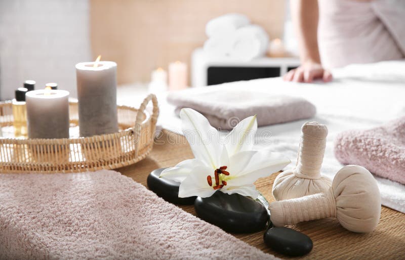 Spa essentials on table stock photo. Image of professional - 149575664