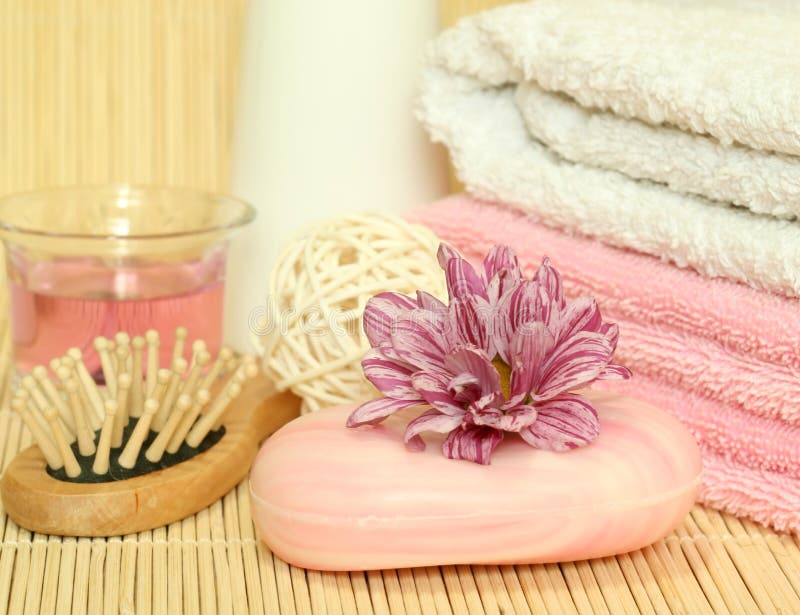 Spa Essentials. Towels, Soap, Flowers. Stock Photo - Image of organic ...