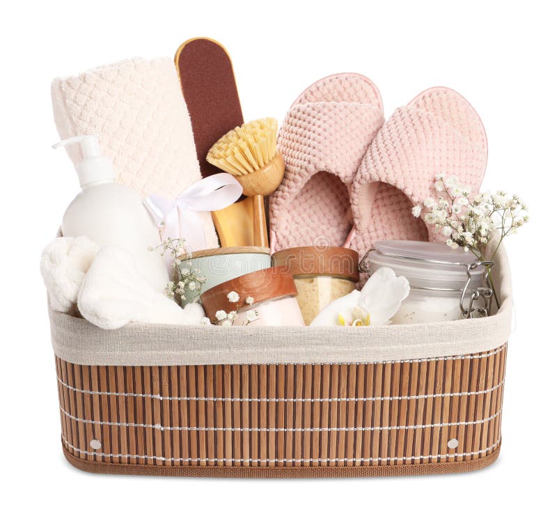 Spa Gift Set in Wicker Basket on Table Against White Background Stock ...