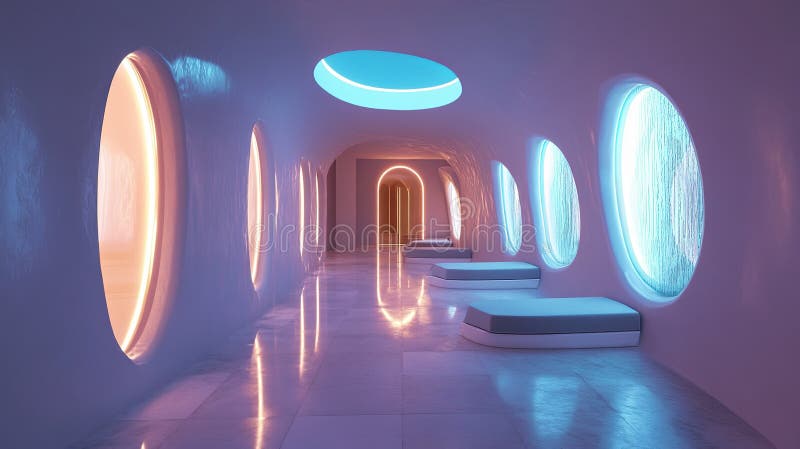 Spa Hallway with Backlit Pod Indicators . Stock Image - Image of ...