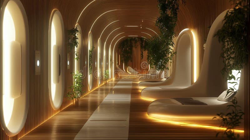 Spa Hallway with Backlit Pod Indicators . Stock Image - Image of view ...