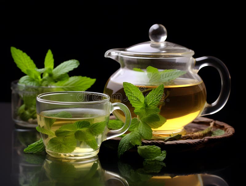 Spa Herbal Mint Tea with Soothing Teapot and Cup, on Black Background ...