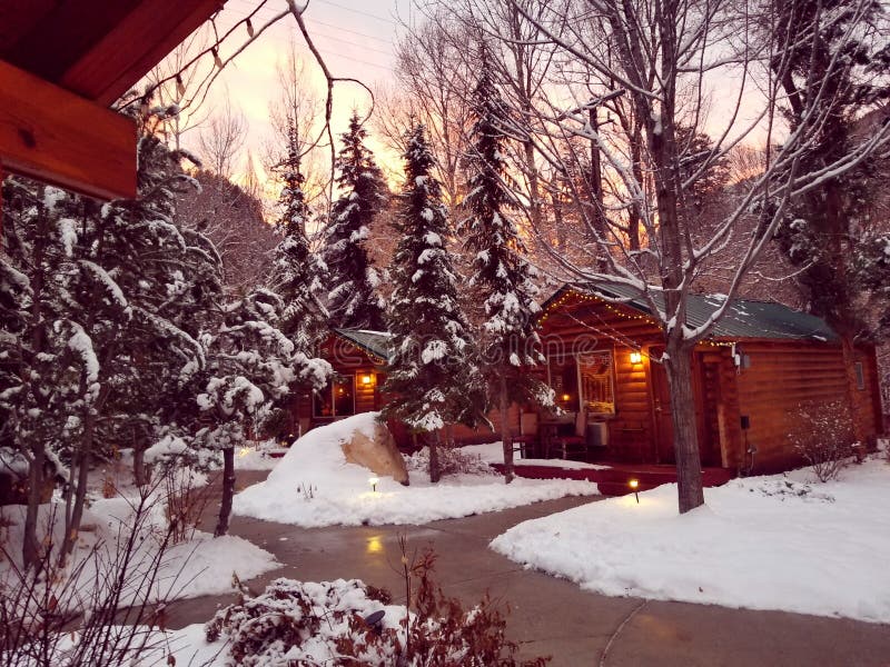 Spa and Inn Cabin in the Snowy Mountains Stock Photo - Image of tree ...