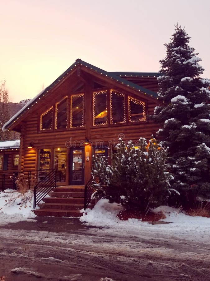 Spa and Inn Cabin in the Snowy Mountains Stock Image - Image of light ...