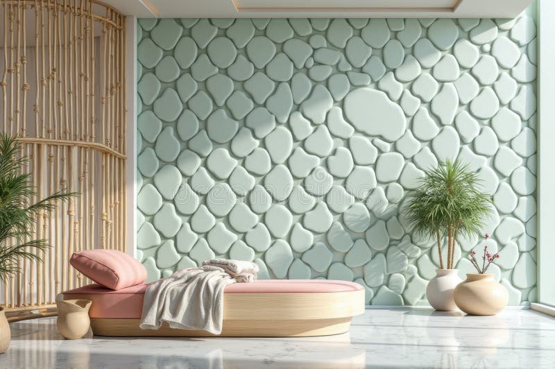 Spa-inspired Relaxation Room with Stone Wall and Soft Pink Chaise ...