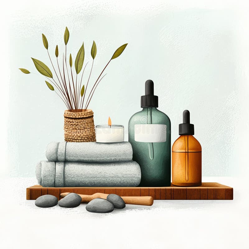 Spa Items Towels and Decor on a Wooden Tray Stock Illustration ...