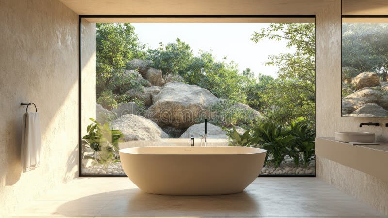 Spa-like Bathroom Featuring a Large Freestanding Bath and Greenery ...