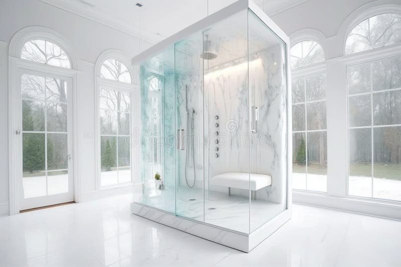 Spa Like, Ultra Modern, All White, Glass Enclosed Shower Stock ...
