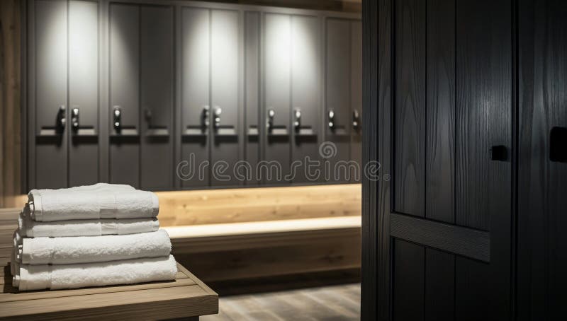 Spa Locker Room with Stack of White Towels High Quality Image Stock ...