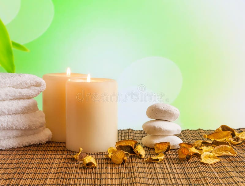 Spa Massage Border Background with Towel Stacked, Candles and Perfumed ...