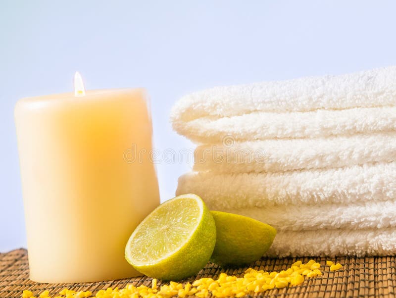 Spa Massage Border Background with Towel Stacked and Lime Stock Photo ...