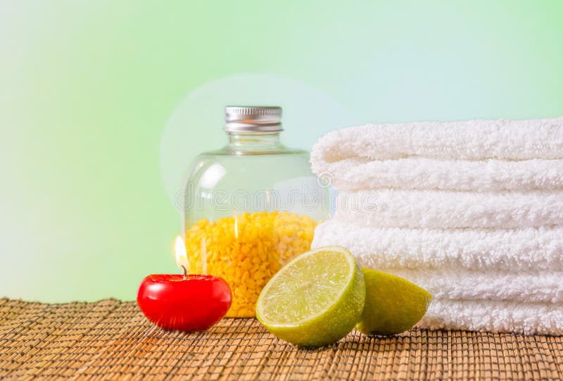 Spa Massage Border Background With Towel Stacked,red Candle And Lime ...