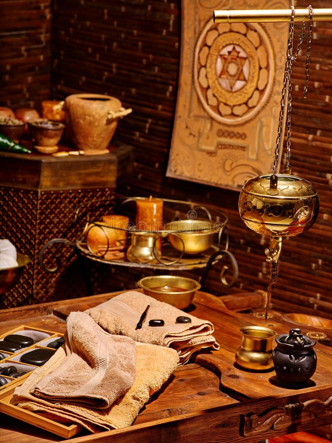 Spa Massage Interior with India Accessories. Stock Image - Image of ...