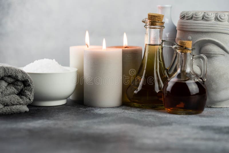 Spa Massage Relax Composition Setting Natural Essence Oils Sea Salt