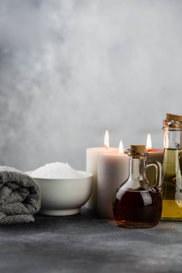 Spa Massage Relax Composition Setting Natural Essence Oils Sea Salt Towel Candles Stock