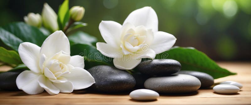 Spa Massage Stones and White Gardenia Flower. Stock Image - Image of ...