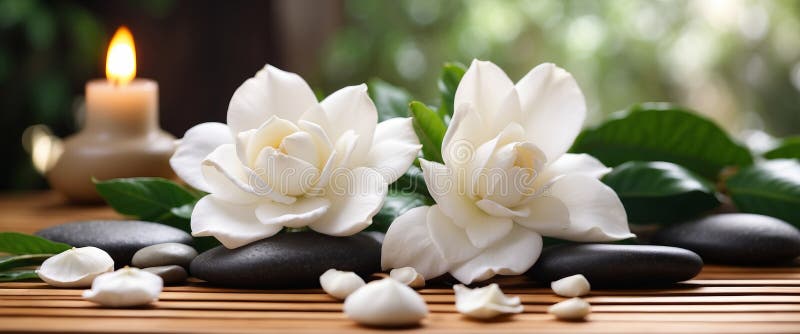 Spa Massage Stones and White Gardenia Flower. Stock Photo - Image of ...
