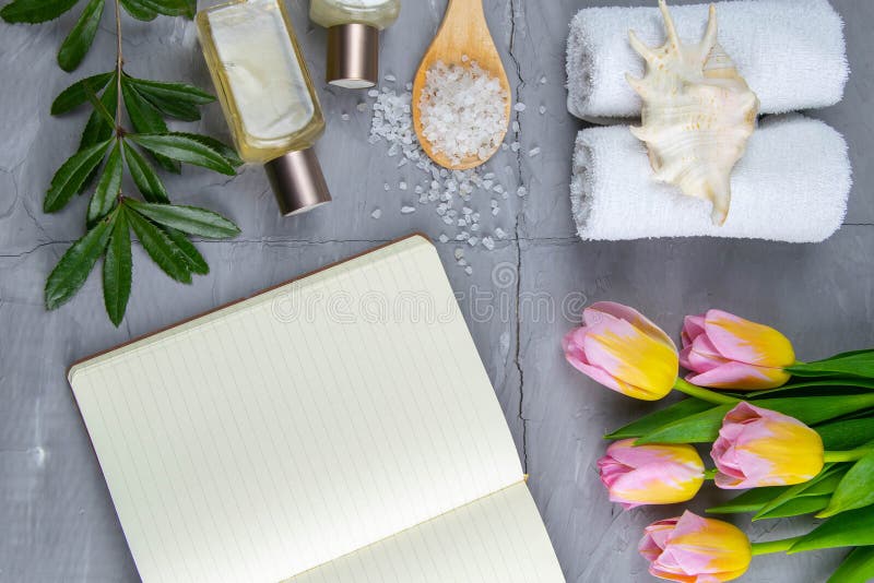 Spa with Natural Olive Soap, Tulips and Sea Salt and an Open Notebook ...