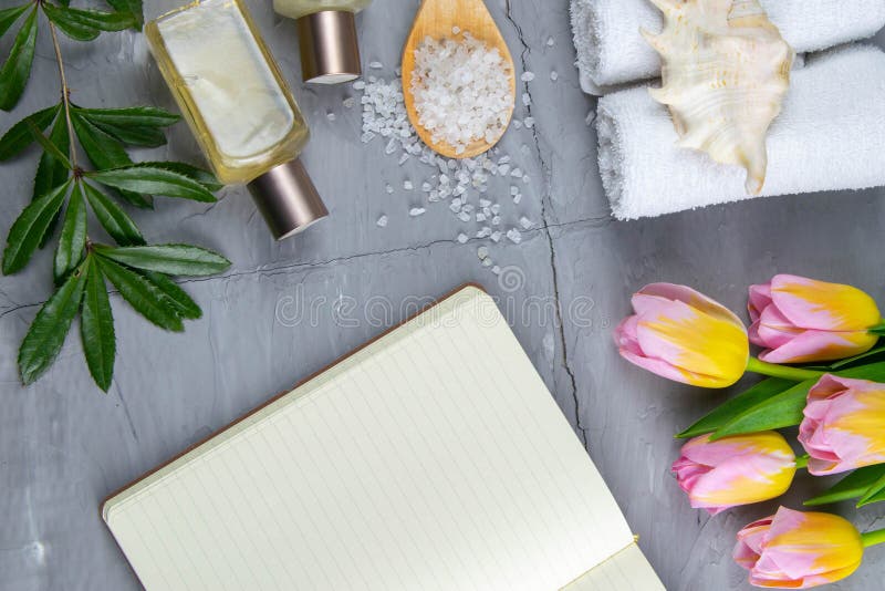 Spa with Natural Olive Soap, Tulips and Sea Salt and an Open Notebook ...
