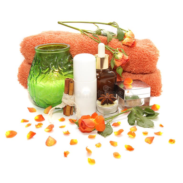 Spa Products, Cosmetics and Roses Stock Photo - Image of loofa, bathtub ...