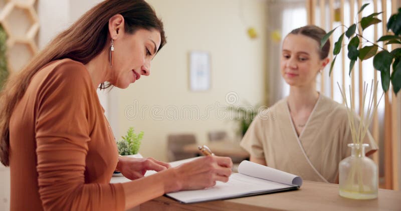 Spa, Reception and Woman with Client, Documents and Conversation with ...