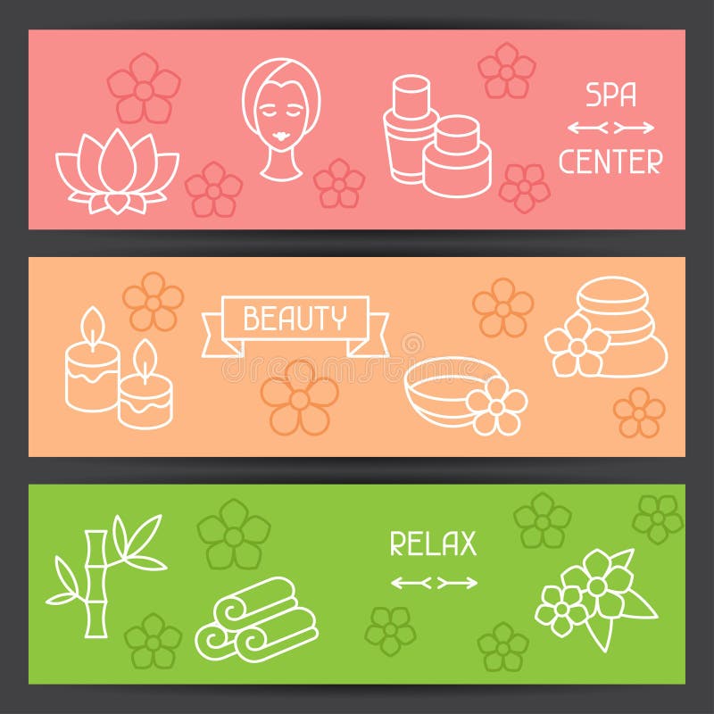Spa and Recreation Banners with Icons in Linear Stock Vector ...