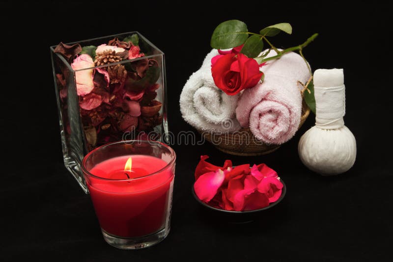 Spa Red Rose Setting with Thai Herbal Compress Stamps Stock Photo ...