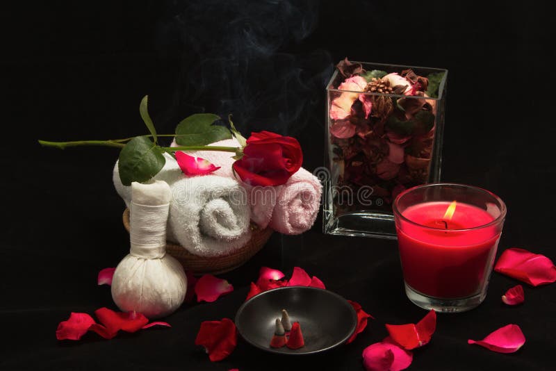 Spa Red Rose Setting with Thai Incense Stock Image - Image of aromatic ...