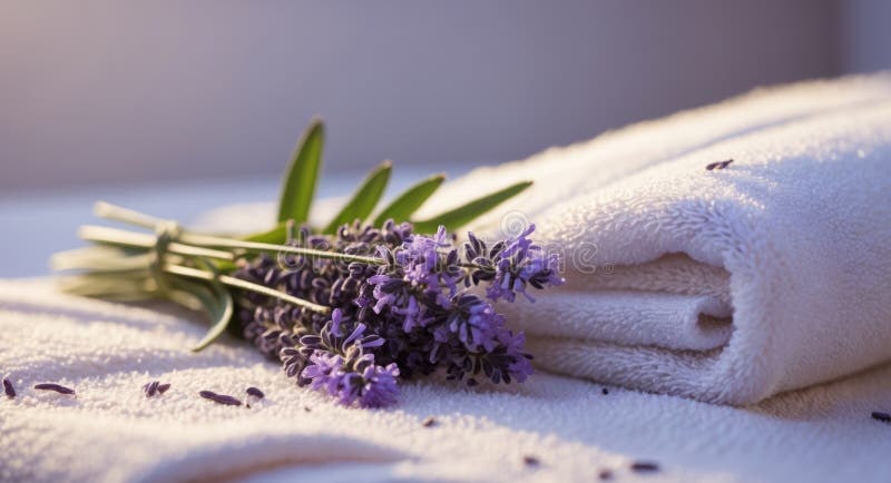 Spa Relaxation Fresh Lavender Flowers and Soft White Towel Stock Image ...