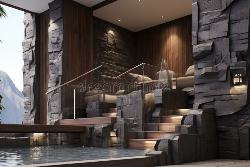 A Spa Room with Stone Walls and a Waterfall, AI Stock Illustration ...