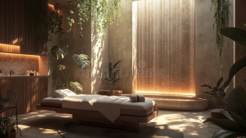 Spa Room with Waterfall Feature and Massage Table Stock Illustration ...