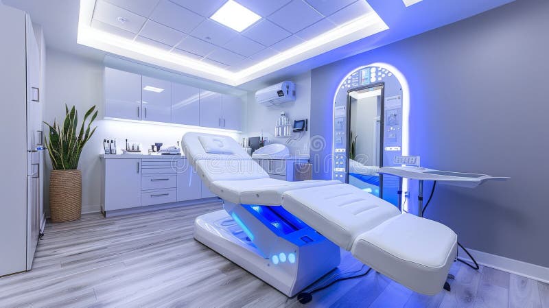 A Spa Room with a White Massage Table and a Blue Light Stock Image ...